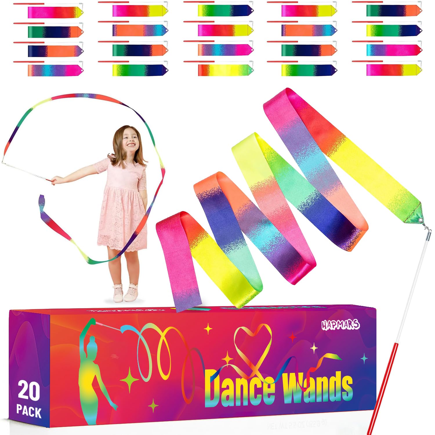 HAPMARS 20 Pack Ribbon Dancer Wands for Kids, Rainbow Streamers, Party Favors Goodie Bags Stuffers, Girls Birthday Gifts for Dance Gymnastics Pretend Play Princess Cat