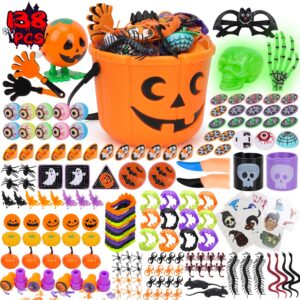 toy life halloween toys for kid 138pcs halloween toys in bulk, halloween goodie bag fillers for kid, halloween prizes for kid, halloween party favors halloween pumpkin buckets non candy treat for kid