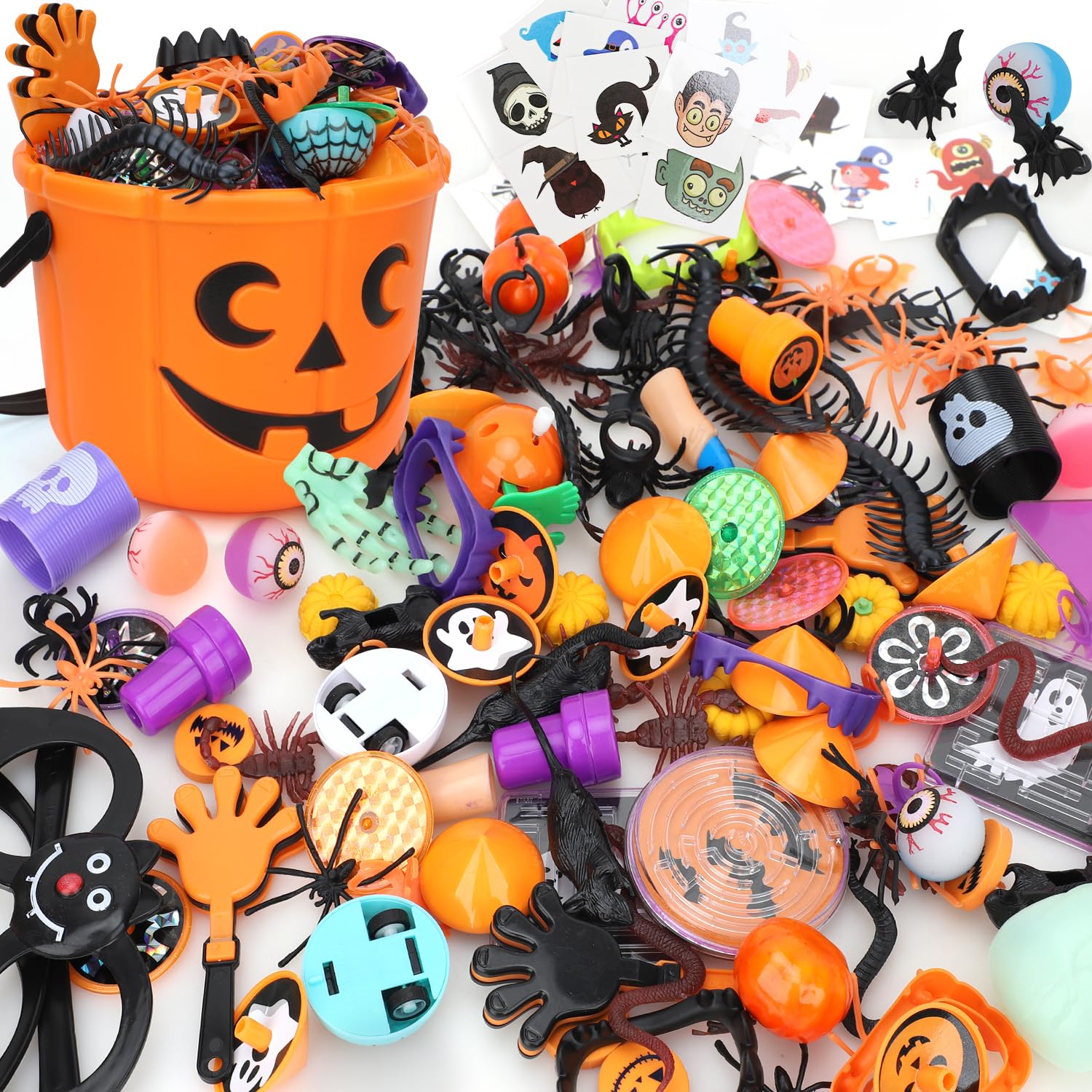 TOY Life Halloween Toys For Kid 138PCS Halloween Toys in Bulk, Halloween Goodie Bag Fillers for Kid, Halloween Prizes for Kid, Halloween Party Favors Halloween Pumpkin Buckets Non Candy Treat for Kid