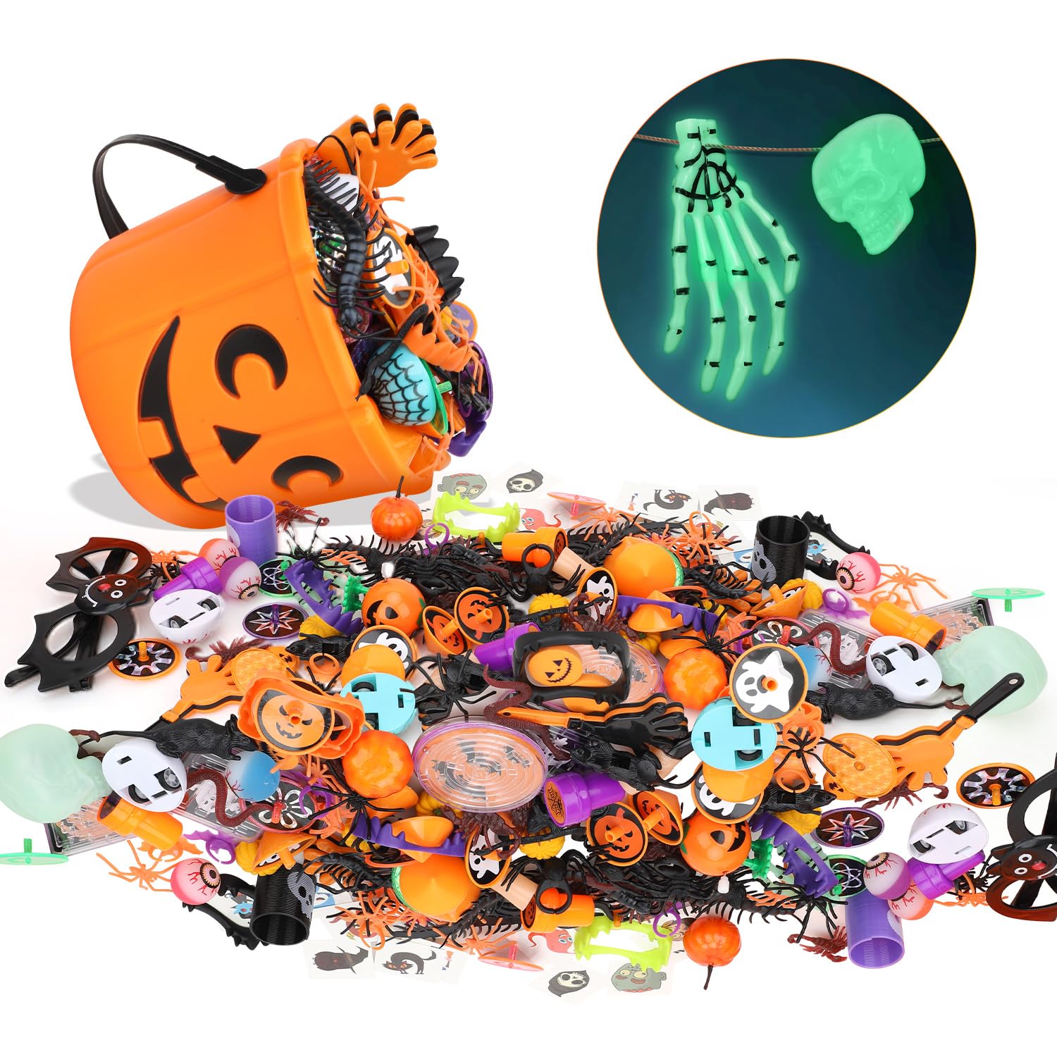 TOY Life Halloween Toys For Kid 138PCS Halloween Toys in Bulk, Halloween Goodie Bag Fillers for Kid, Halloween Prizes for Kid, Halloween Party Favors Halloween Pumpkin Buckets Non Candy Treat for Kid