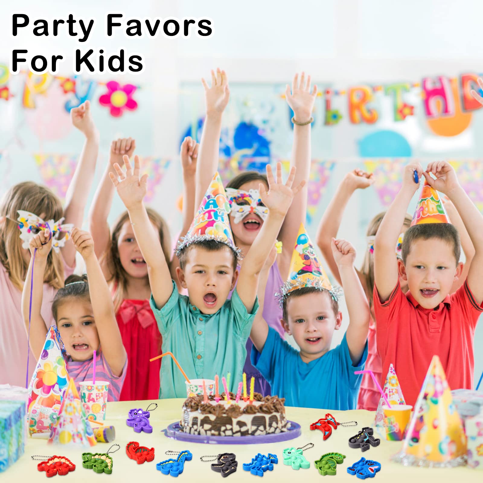 24 Pack Dinosaur Party Favors,Mini Pop Keychain Toys Bulk,Pop Fidgets Party Favors for Kids,Stress Relief Sensory Toys,Goodie Bags Stuffer,Classroom Prizes,Birthday Gifts for Boys & Girls