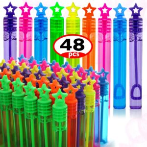 giftexpress bubble wands party favors - 48 pack mini 4.25" tall assorted color star bubble sticks - 0.2 fl oz / 5 ml tube of non toxic bubbles solution for kids