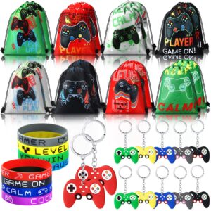 hungdao 48 pcs video game party favors 16 gamer party drawstring bags gaming goodie bag 16 wristbands 16 keychains for birthday party