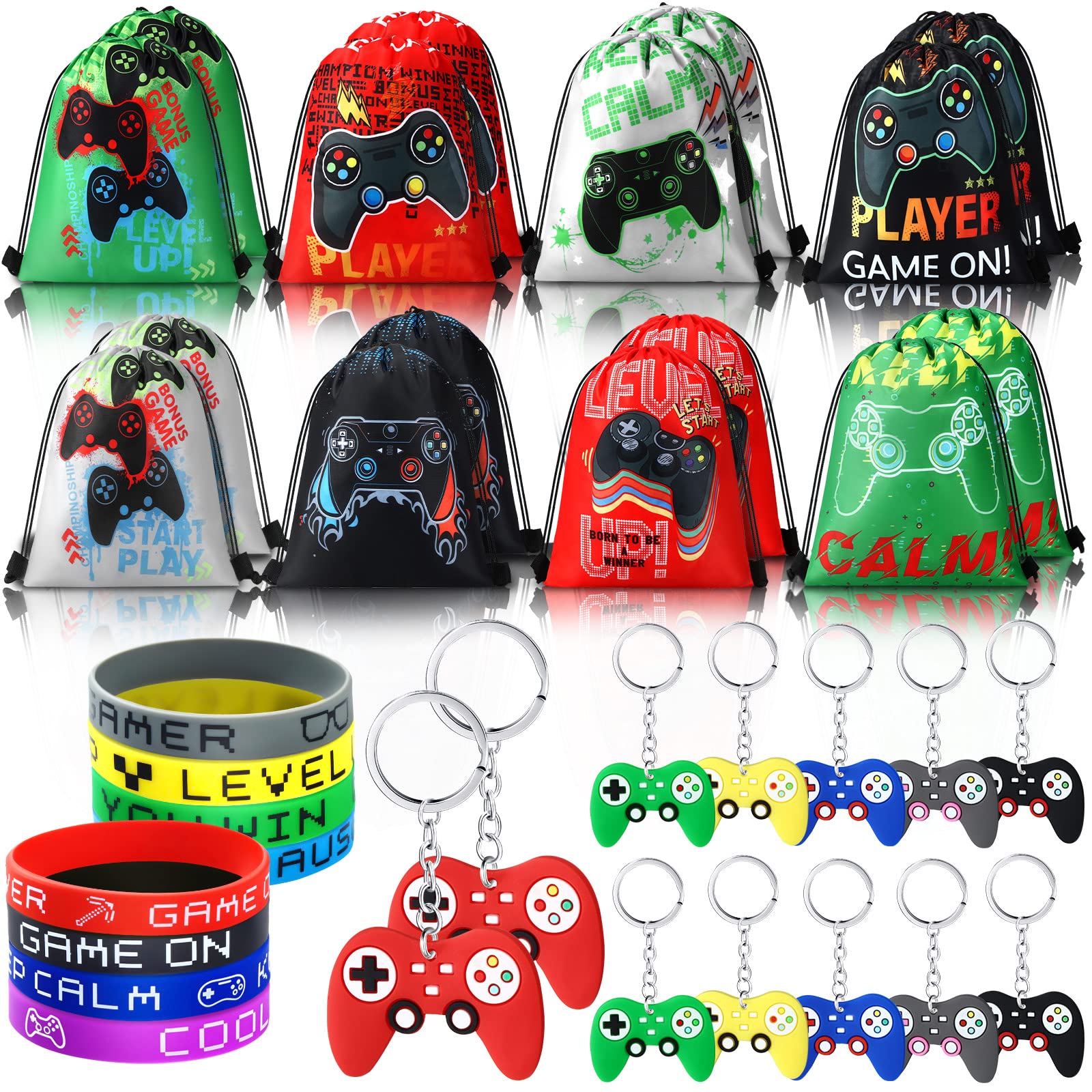 Hungdao 48 Pcs Video Game Party Favors 16 Gamer Party Drawstring Bags Gaming Goodie Bag 16 Wristbands 16 Keychains for Birthday Party