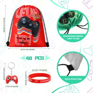 Hungdao 48 Pcs Video Game Party Favors 16 Gamer Party Drawstring Bags Gaming Goodie Bag 16 Wristbands 16 Keychains for Birthday Party