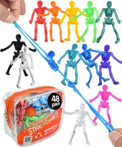 upbrands 48 stretchy toys, party favors for kids halloween skeletons, 12 colors bulk set, kit for easter egg basket stuffers, goodie bags, pinata filler, small toys classroom prizes