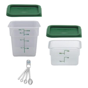 lumintrail cambro polycarbonate square 2 quart and 4 quart clear food storage containers, with 2 kelly green lids, bundle with a measuring spoon set