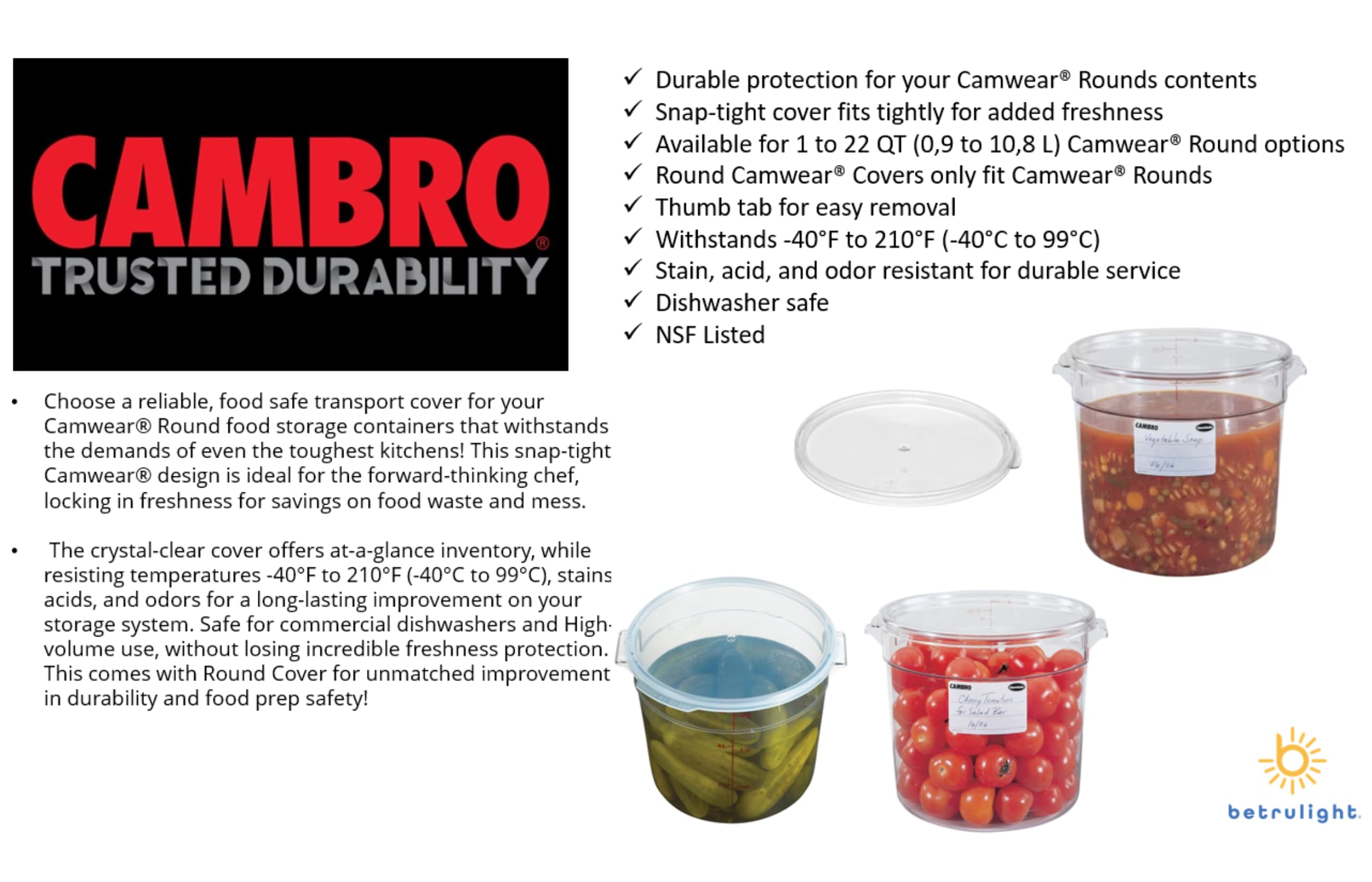 Food storage containers ,storage containers is Cambro 6 Qt. Clear Round Polycarbonate With Matching Lid,Virtually Unbreakable,Stain-resistant,Includes BETRULIGHT Fridge Decal