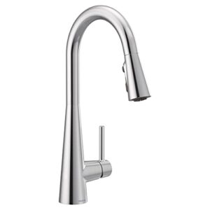 moen sleek chrome one-handle high arc pulldown kitchen faucet featuring power boost, modern kitchen sink faucet with pull down sprayer, 7864