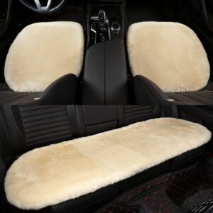 llb genuine sheepskin car seat cushion seat covers for cars trucks suv comfort seat protector pad for car driver seat car accessories (pearl, 2 front seat cushions & bench seat cushion-3 pcs)