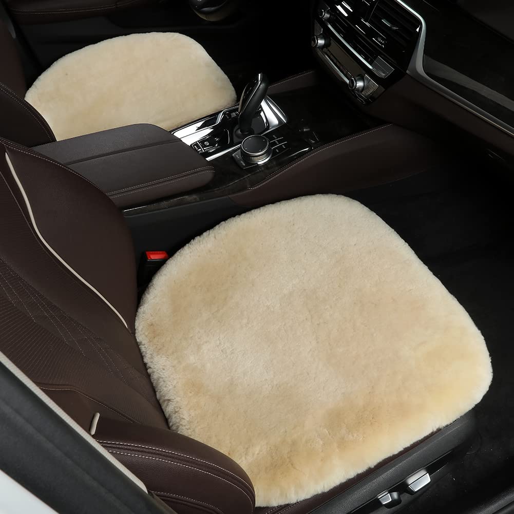 LLB Genuine Sheepskin Car Seat Cushion Seat Covers for Cars Trucks SUV Comfort Seat Protector Pad for Car Driver Seat Car Accessories (Pearl, 2 Front Seat Cushions & Bench Seat Cushion-3 Pcs)