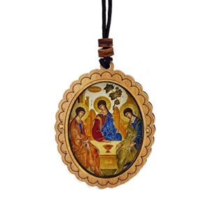 holy trinity - car room icon pendant 2 1/2 inch diam - on rope total length 7 1/4 inch