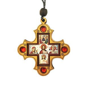 wood icon cross for car or room on rope - icons - holy trinity virgin of kazan christ st nicholas and guardian angel 2 3/4"