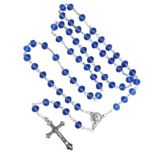 trinity church supply blue glass sapphire rosary, prayer beads for catholic men, 8mm bead, 20” length and 1 ½ inch crucifix