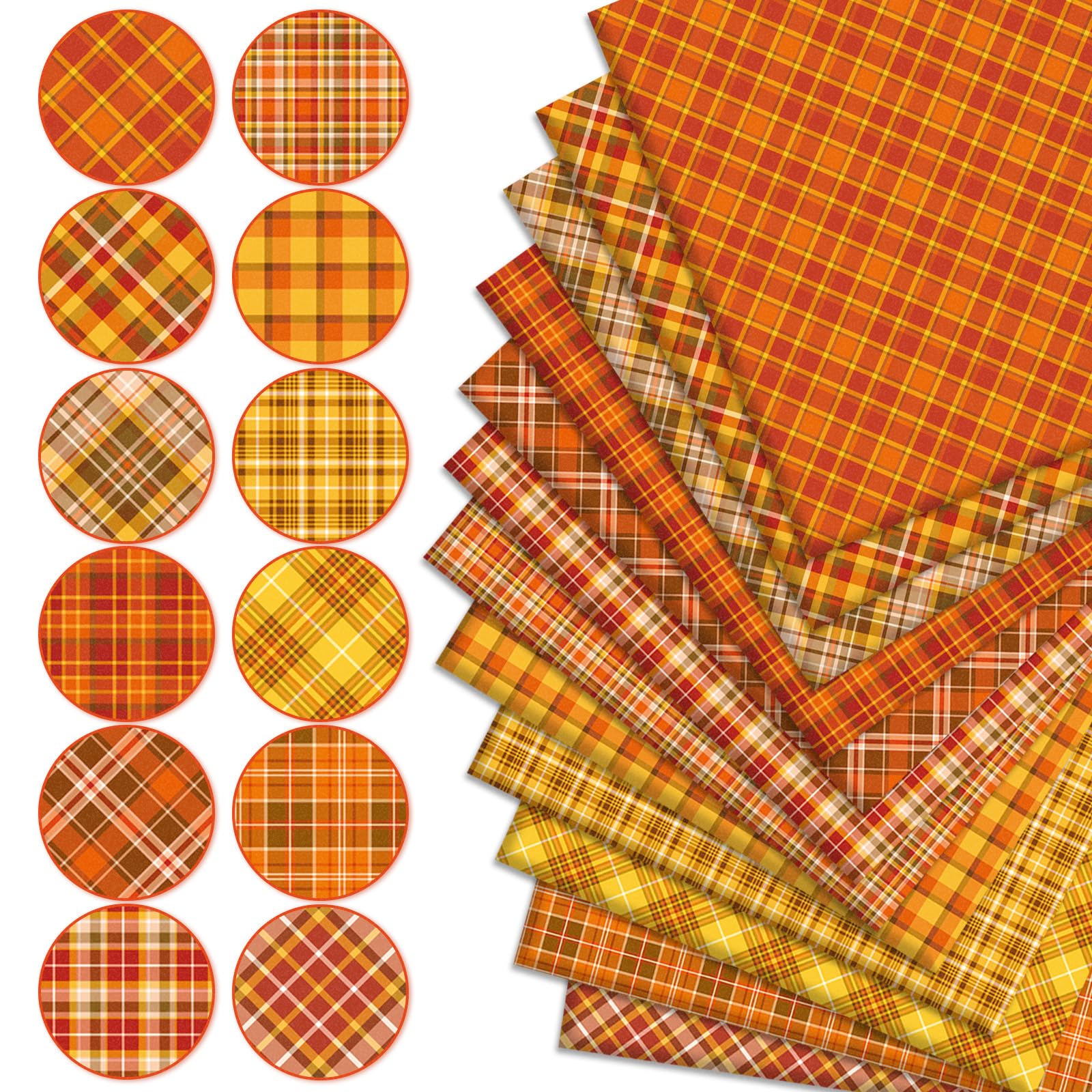 Whaline 12Pcs Fall Cotton Fabric Bundles 10 x 10 Inch Autumn Buffalo Plaid Fat Quarters Plaid Quilting Patchwork Squares Sewing Fabrics for Harvest Thanksgiving DIY Handmade Craft Home Party Decor