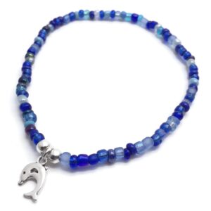 dolphin charm anklet - blue glass seed bead mix with silver tone charm - size m 10 inches