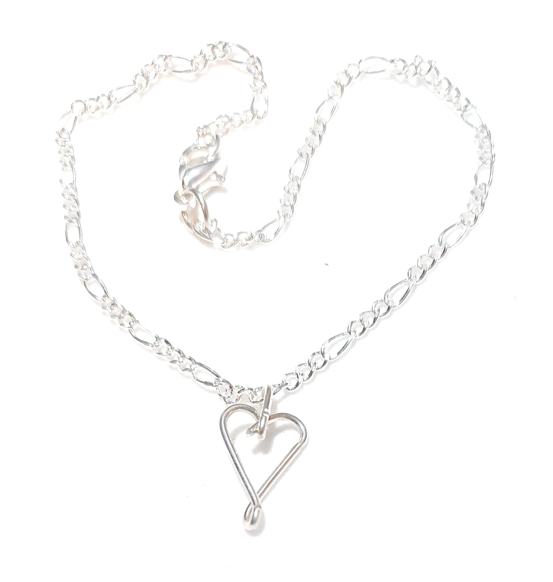 Sterling Silver plated Anklet Ankle Bracelet Heart charm 8 inch, 9 inch, 10 inch, 11 inch, 12 inch, 13 inch 2 mm Figaro chain