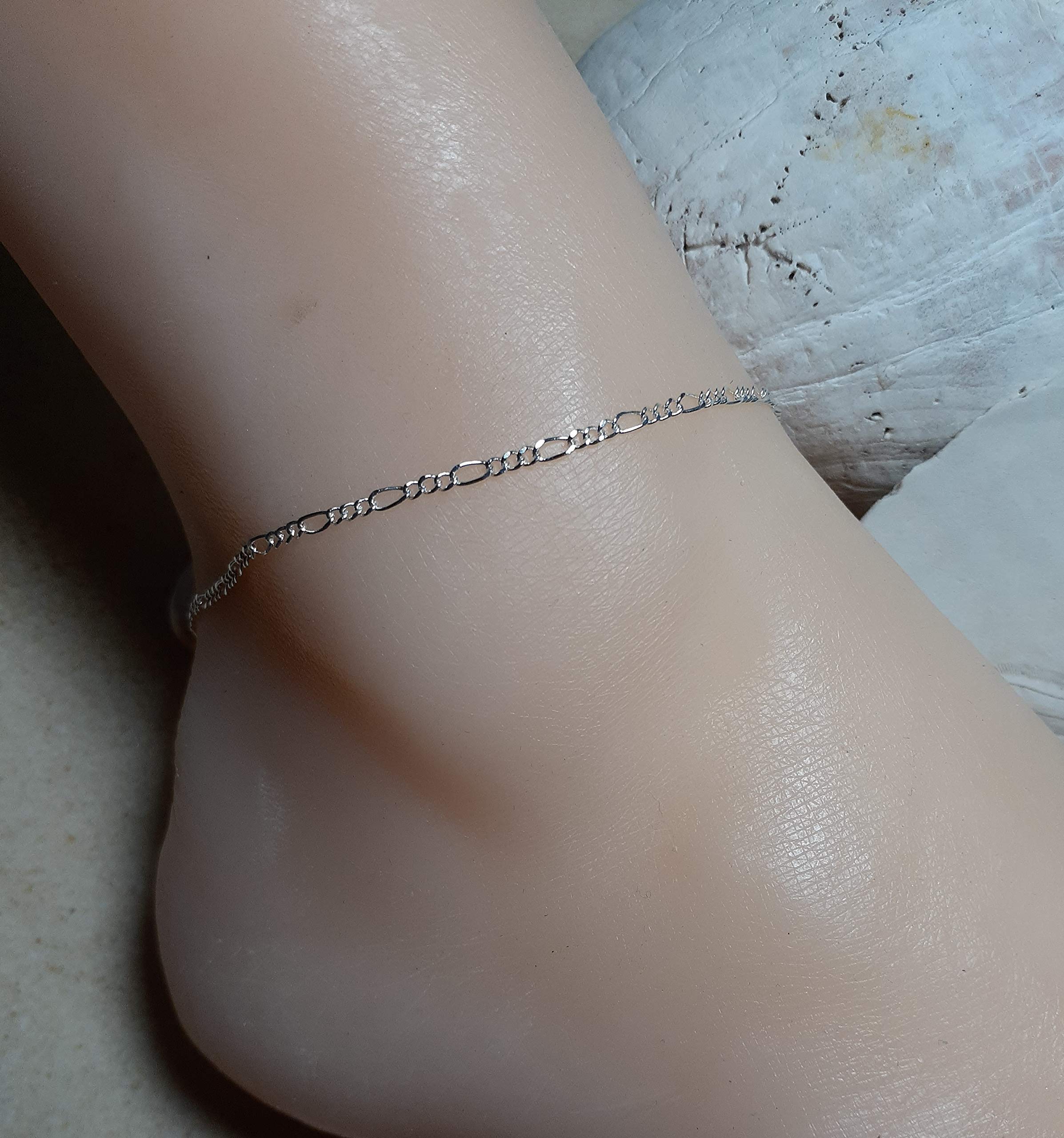 Sterling Silver plated Anklet Ankle Bracelet Heart charm 8 inch, 9 inch, 10 inch, 11 inch, 12 inch, 13 inch 2 mm Figaro chain