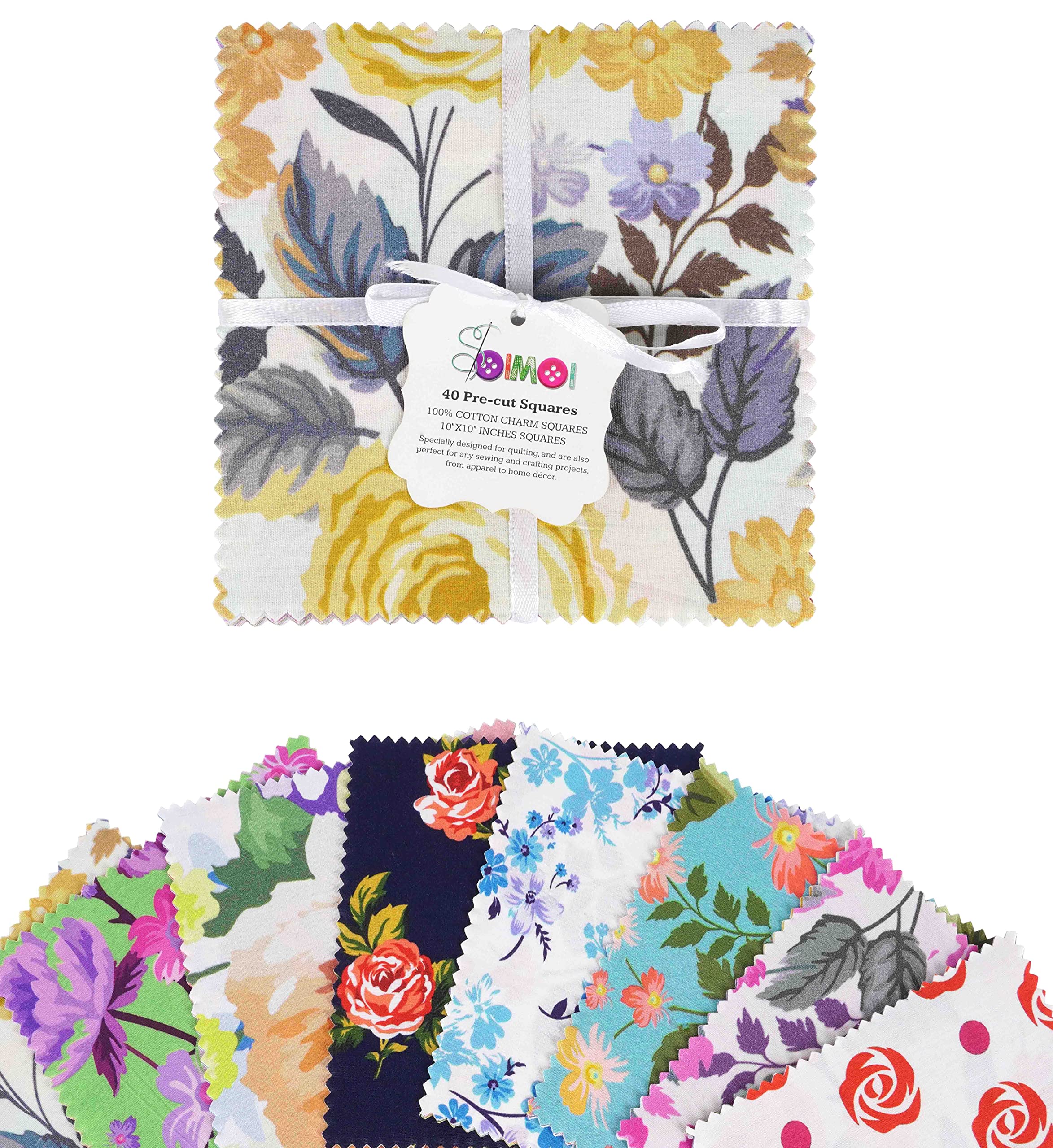 Soimoi Precut 10-inch Florals Prints Cotton Fabric Bundle Quilting Squares Charm Pack DIY Patchwork Sewing Craft- Multicolor