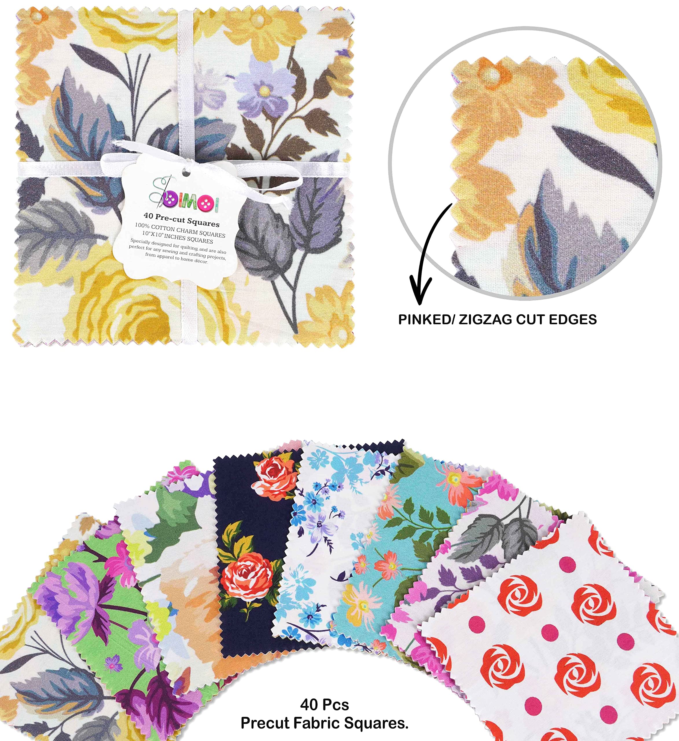 Soimoi Precut 10-inch Florals Prints Cotton Fabric Bundle Quilting Squares Charm Pack DIY Patchwork Sewing Craft- Multicolor