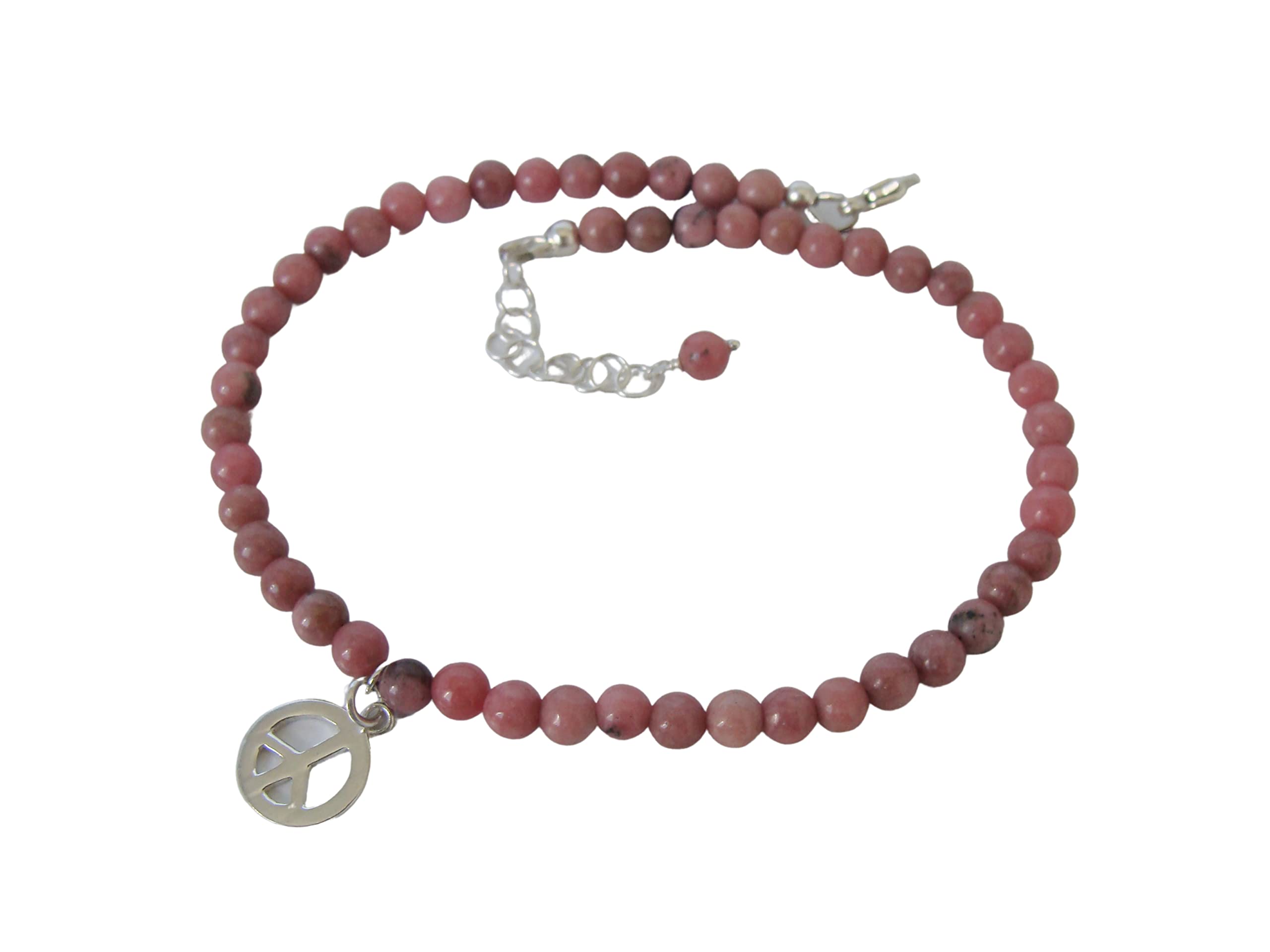 Peace charm anklet, dusty pink rhodonite stones sterling silver, adjustable length 9-10 inches, handmade by Let Loose Jewelry