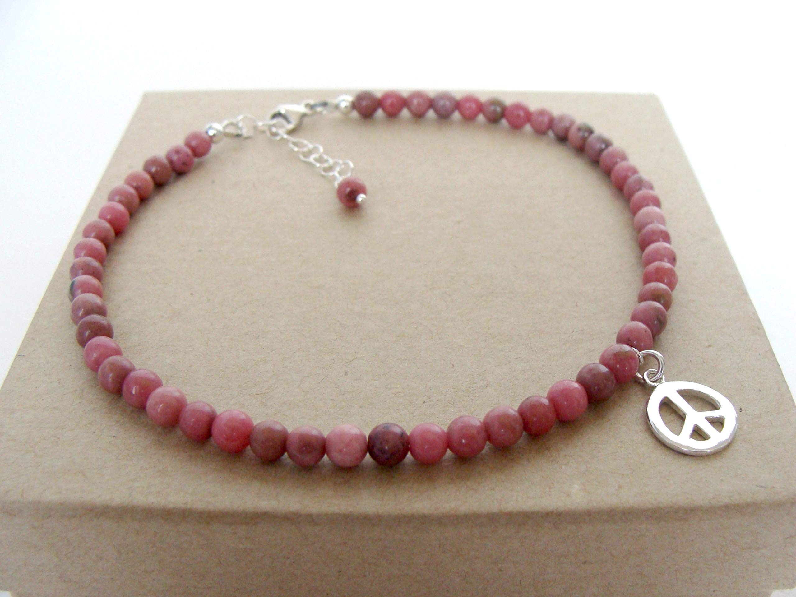 Peace charm anklet, dusty pink rhodonite stones sterling silver, adjustable length 9-10 inches, handmade by Let Loose Jewelry