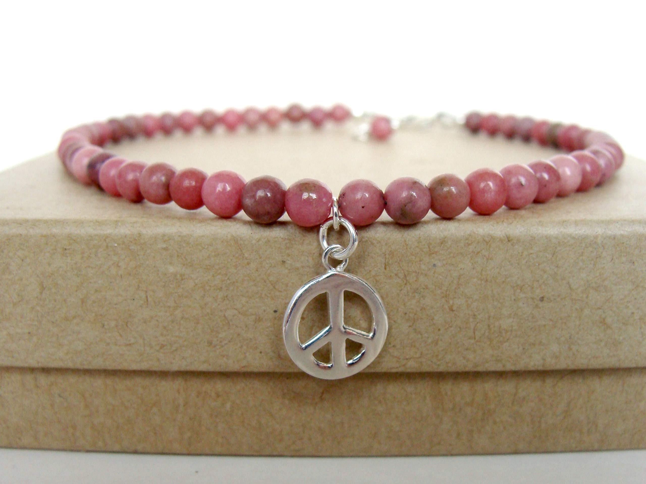 Peace charm anklet, dusty pink rhodonite stones sterling silver, adjustable length 9-10 inches, handmade by Let Loose Jewelry