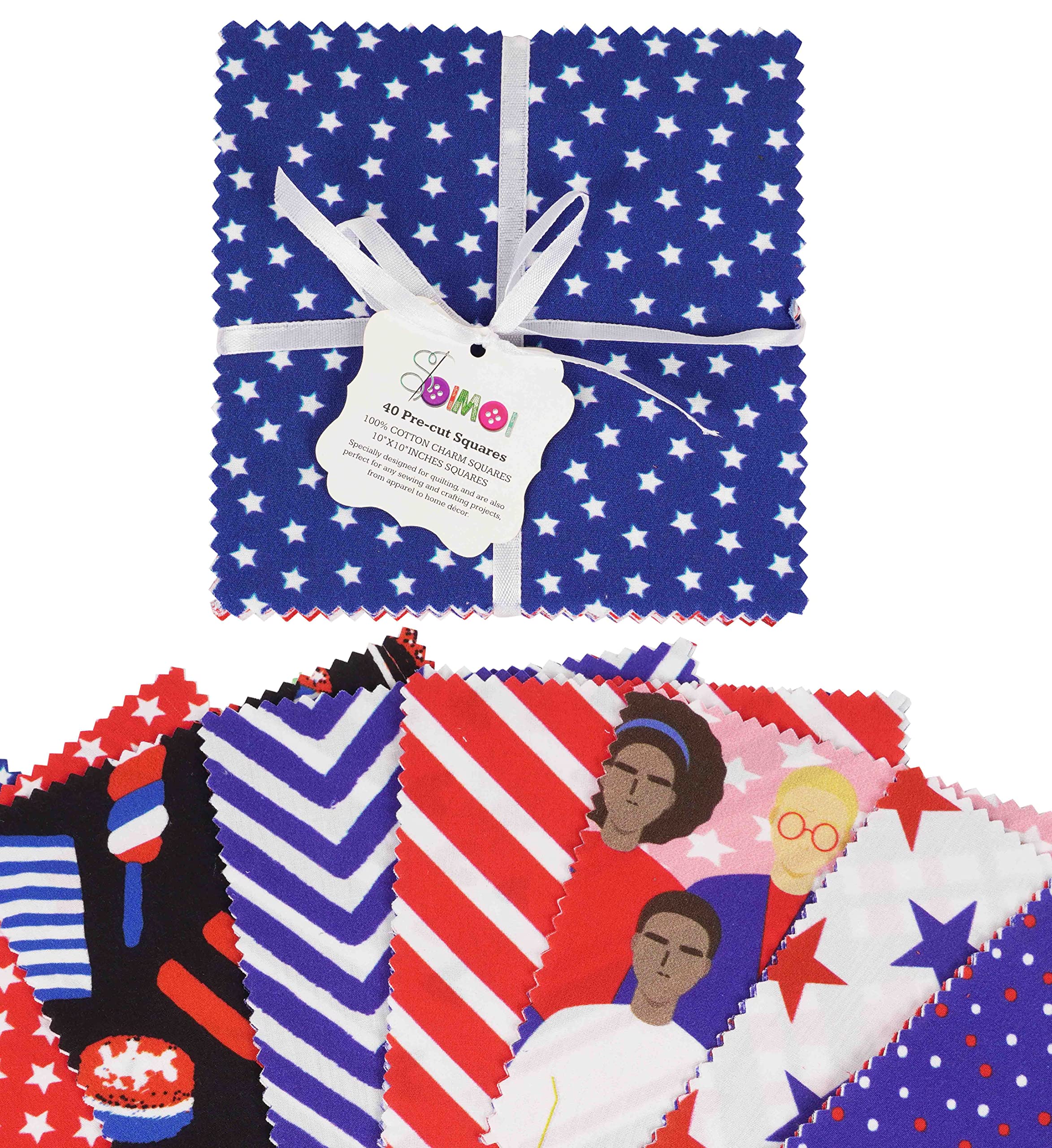 Soimoi Precut 10-inch American Flag Prints Cotton Fabric Bundle Quilting Squares Charm Pack DIY Patchwork Sewing Craft- Red, Blue & White