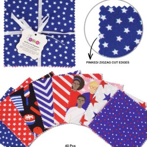 Soimoi Precut 10-inch American Flag Prints Cotton Fabric Bundle Quilting Squares Charm Pack DIY Patchwork Sewing Craft- Red, Blue & White