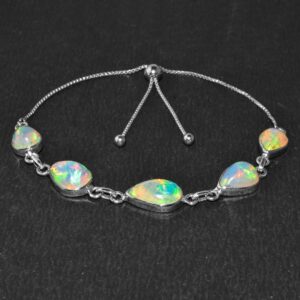 OdrillionGems 100% Natural Ethiopian Opal Gemstones Bolo Bracelet, Opal Cabs Bezel, 925 Sterling Silver, Handmade, Birthstones, Adjustable Slider, Women Jewelry, Wedding, Valentine Gifts, Size 10"