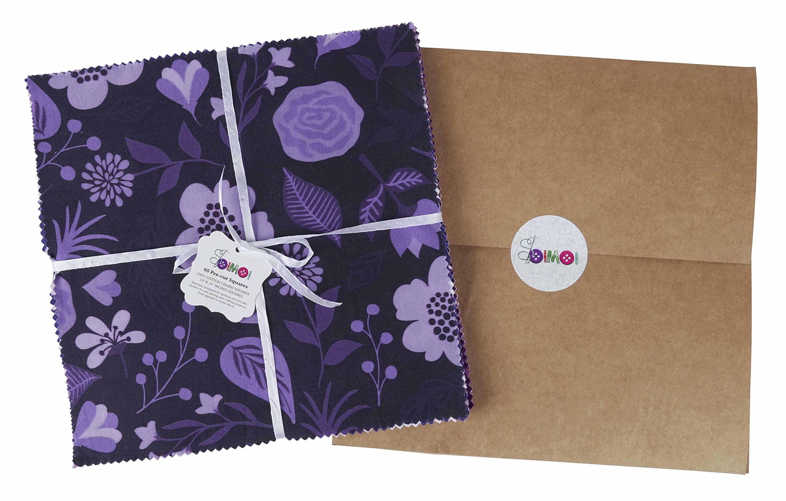 Soimoi Precut 10-inch Florals Prints Cotton Fabric Bundle Quilting Squares Charm Pack DIY Patchwork Sewing Craft- Purple