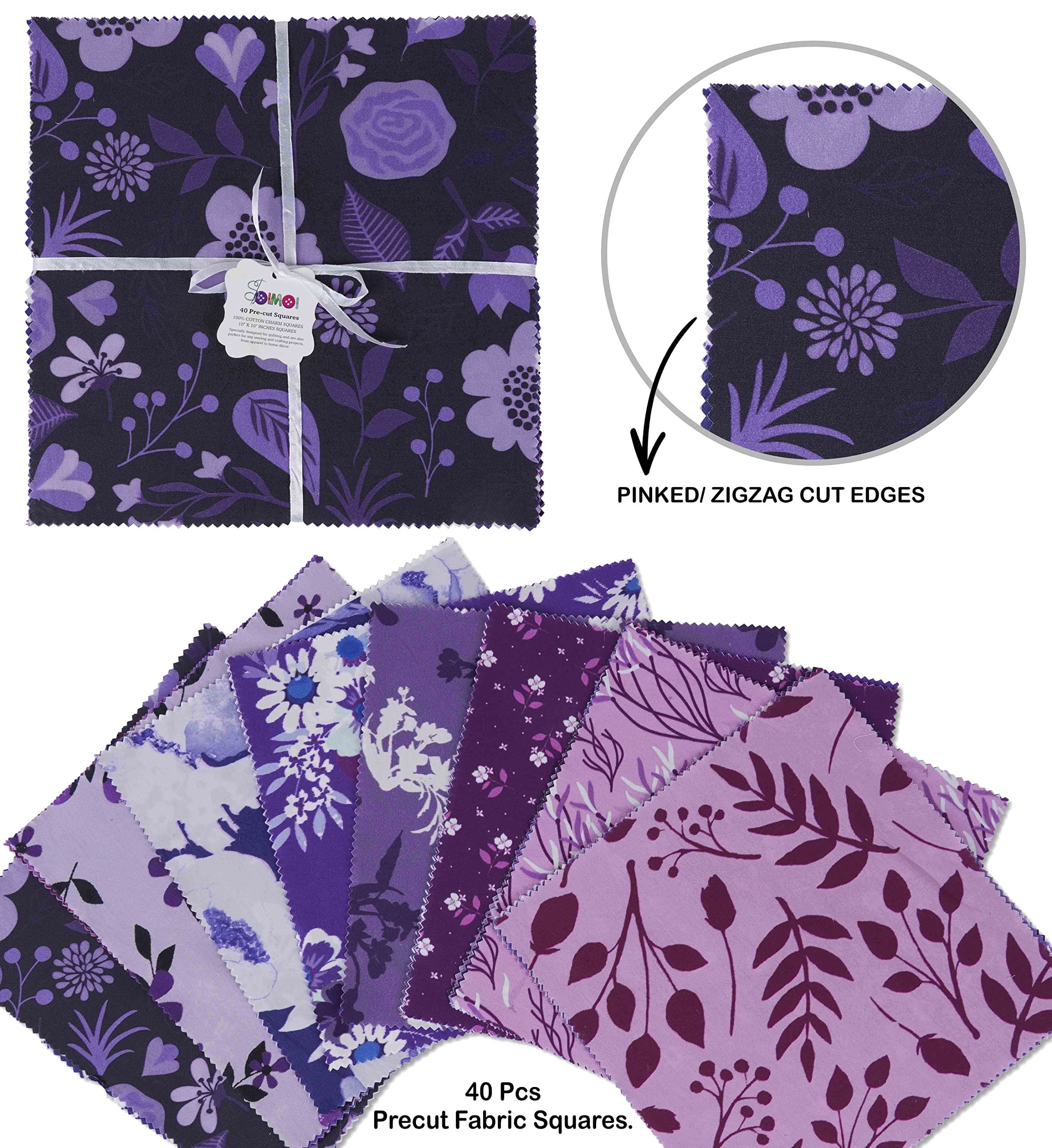 Soimoi Precut 10-inch Florals Prints Cotton Fabric Bundle Quilting Squares Charm Pack DIY Patchwork Sewing Craft- Purple