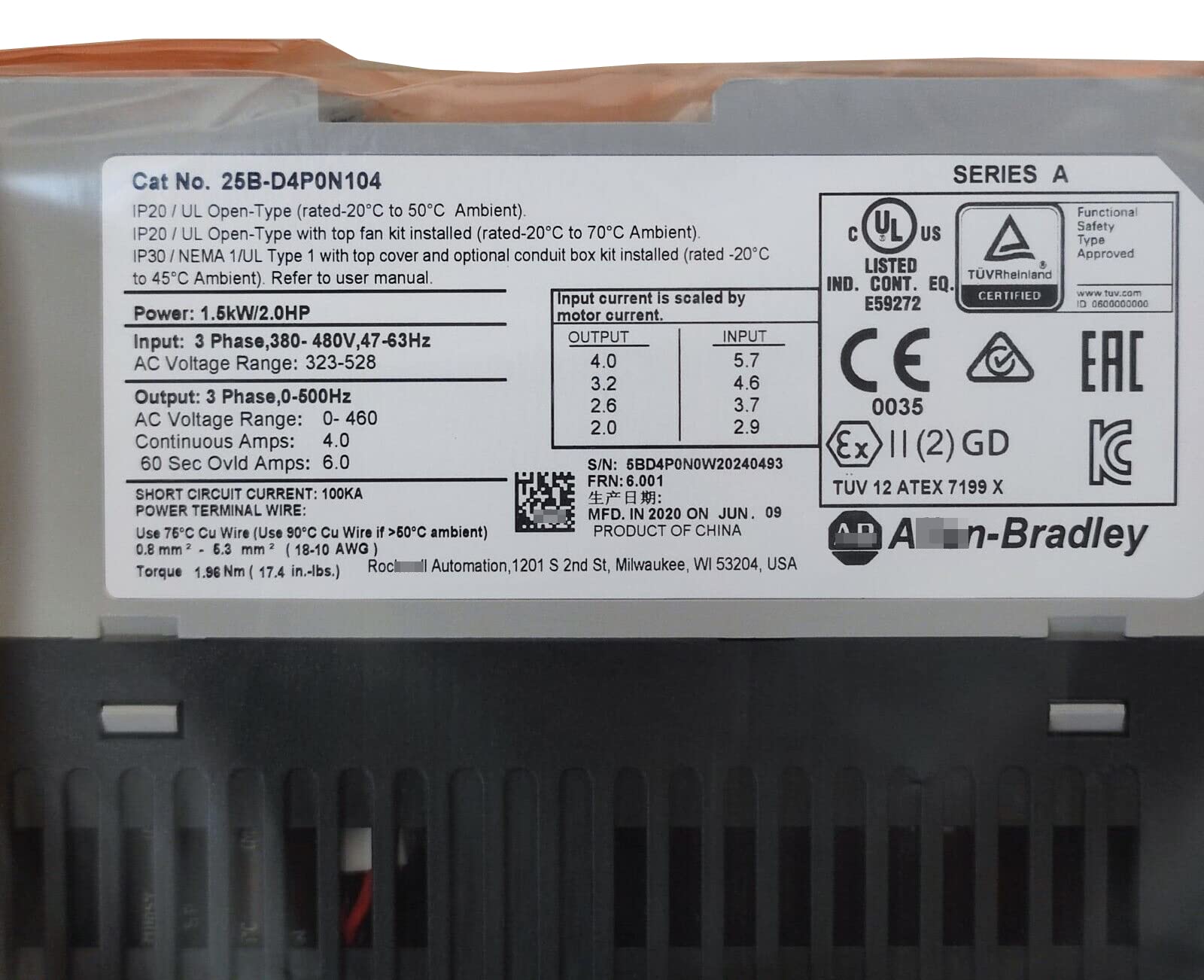 25B-D4P0N104 Power 525 1.5kW AC Drive 25BD4P0N104 Sealed in Box 1 Year Warranty Fast Shipment