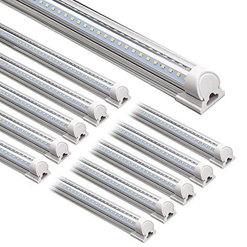 Barrina LED Shop Light, 8FT 72W 9000LM 5000K, Daylight White, V Shape, Clear Cover, Hight Output, Linkable Shop Lights, T8 LED Tube Lights, LED shop lights for garage 8 foot with plug (Pack of 10)