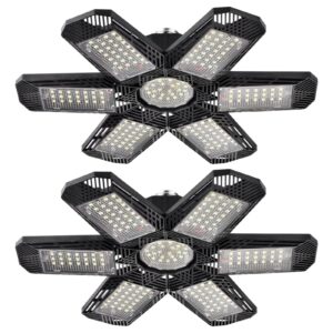 zzenrysam 2 pack led garage lights, 120w 12000lm 6500k deformable led garage ceiling light with 6+1 multi-position panels, shop light for garage, high bay light support e26/e27 socket(black, type a)