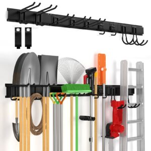 ailadl wall mount tool storage rack, 15 pcs heavy duty steel yard garden tool organizer, garage tool organizer wall mounted storage system hold up to 550lbs, with 2 extension cord