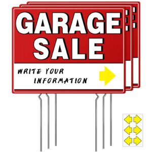 garage sale sign, 17" x 13" ，garage sale sign with stakes double-sided, garage sale sign with arrow stickers, garage sale signs with metal stakes,weather-proof, (3 pack)