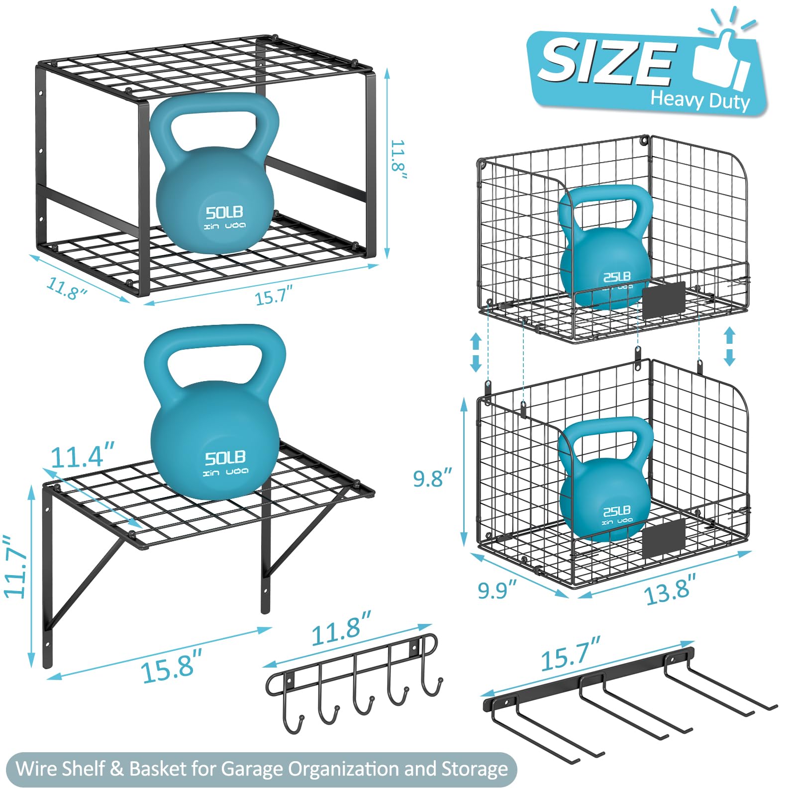 ThreeHio Garage Shelf Wall Mounted with Wire baskets, Heavy Duty Garage Wall Shelving with Garden Tool Rack and Hooks, Wire Shelf Baskets Tool Organizer for Home Garden Garage Organization and Storage