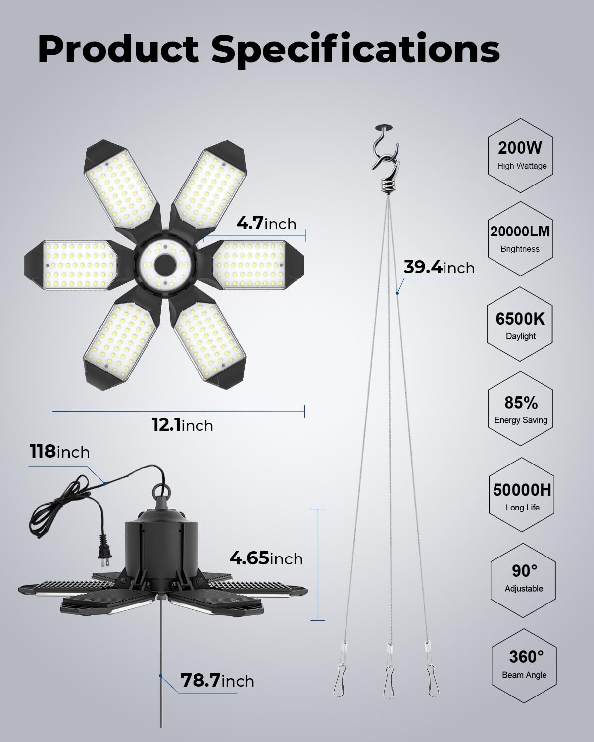 toberich 2-Pack Plug in Garage Light, 200W 20000LM Linkable LED Shop Light w/Pull Chain(ON/Off), 6+1 Deformable Panels, 6500K LED Ceiling Lights for Garage, Workshop, Warehouse, Barn