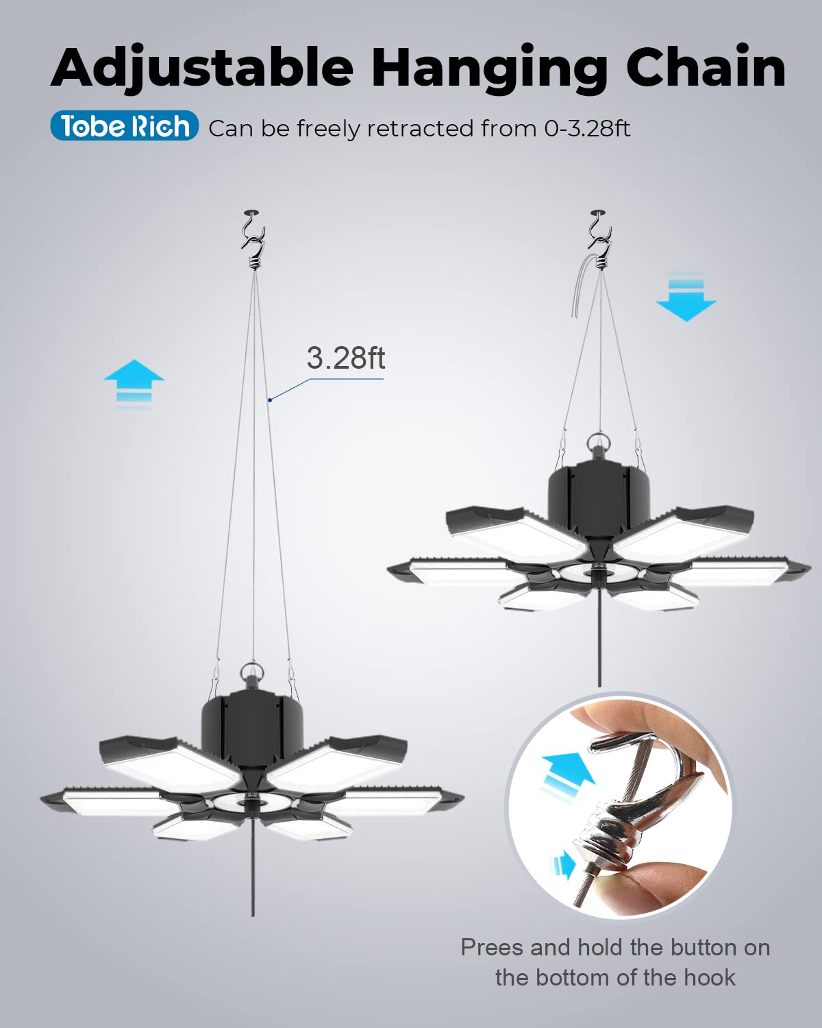 toberich 2-Pack Plug in Garage Light, 200W 20000LM Linkable LED Shop Light w/Pull Chain(ON/Off), 6+1 Deformable Panels, 6500K LED Ceiling Lights for Garage, Workshop, Warehouse, Barn