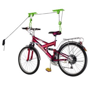 bike hanger - overhead pulley system with 100lbs capacity for bicycles and ladders - secure garage ceiling storage by rad sportz, green