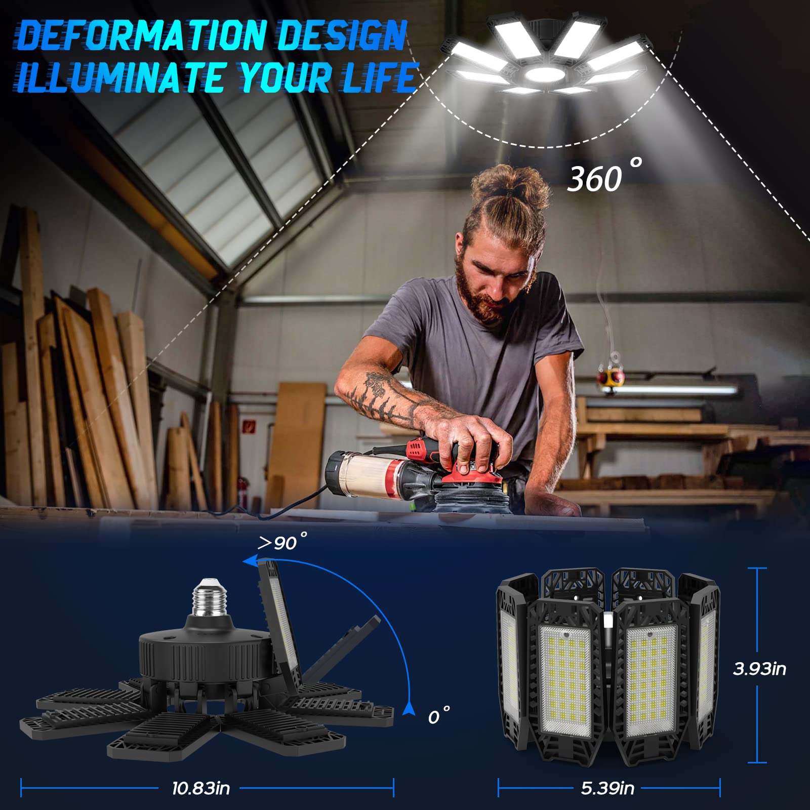 LED Garage Lights 2 Pack, 240W 24000LM Garage LED Light with 8+1 Panels, Garage LED Ceiling Lights 6500K Daylight, E26/E27 Screw In Garage Lighting, Deformable LED Lights for Garage, Workshop, Attic