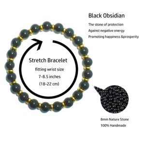 Cryhand Black Obsidian Protection Beaded Bracelet Best Gifts Box For Family Women Men’s Natural Stone Black Tourmaline Agate Feng Shui Chakra Crystal Handmade Stretchy Bracelet (Full Obsidian)