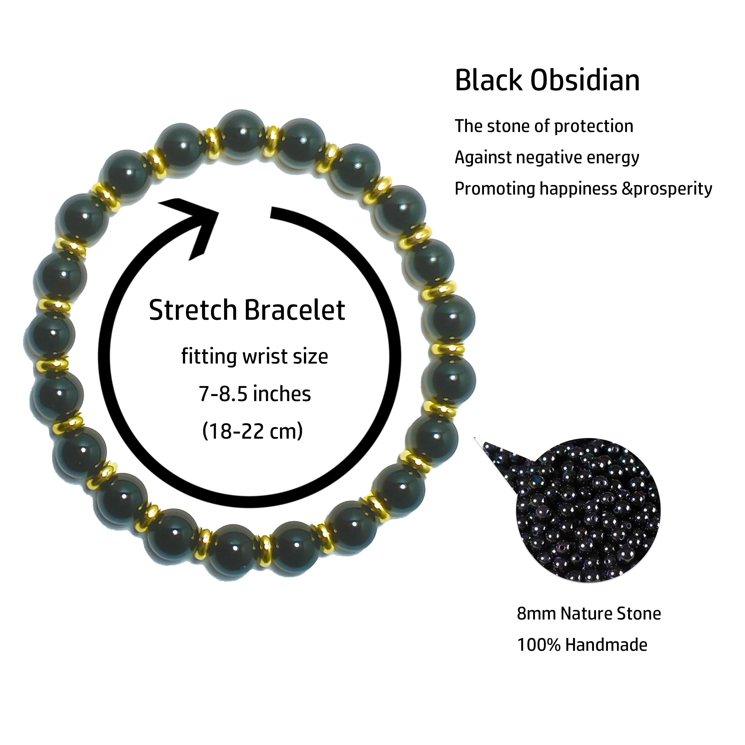 Cryhand Black Obsidian Protection Beaded Bracelet Best Gifts Box For Family Women Men’s Natural Stone Black Tourmaline Agate Feng Shui Chakra Crystal Handmade Stretchy Bracelet (Full Obsidian)