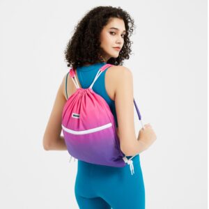 WANDF Drawstring Backpack Sports Gym Bag with Shoulder Pads Water Resistant String Bag Cinch Bag for Women Men (Rose Red)