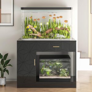 saudism 40 gallon fish tank stand, 29 -50 gallon aquarium stand, black tank stand, fish tank table with drawer and cabinet, sturdy and durable