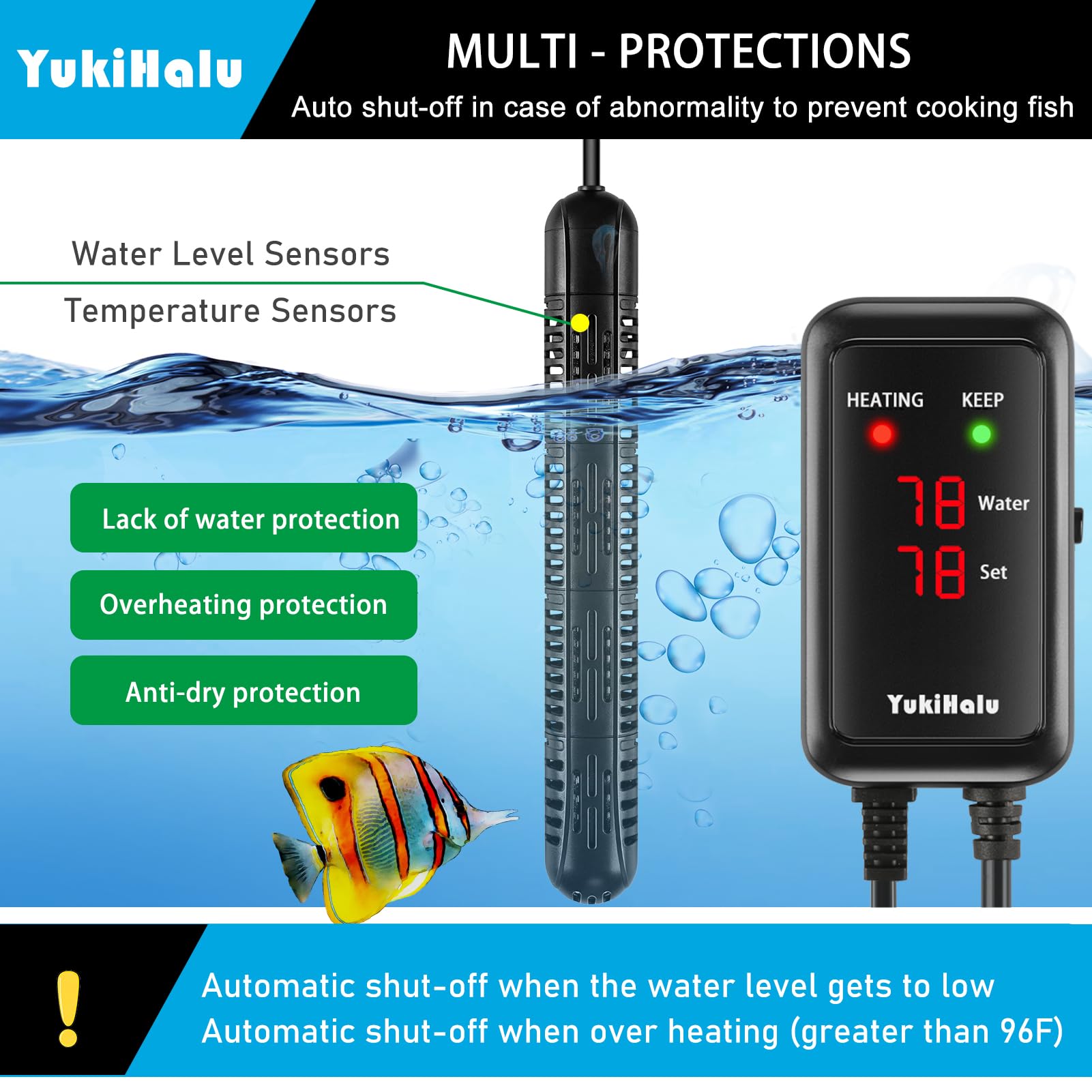 YukiHalu Aquarium Heater 50/100/200/300/500W with Protective Case, Fish Tank Heater, Temperature Adjustable, External Temperature Controller, LED Display, Used for 10/20/40/75/120 Gallons (200W)