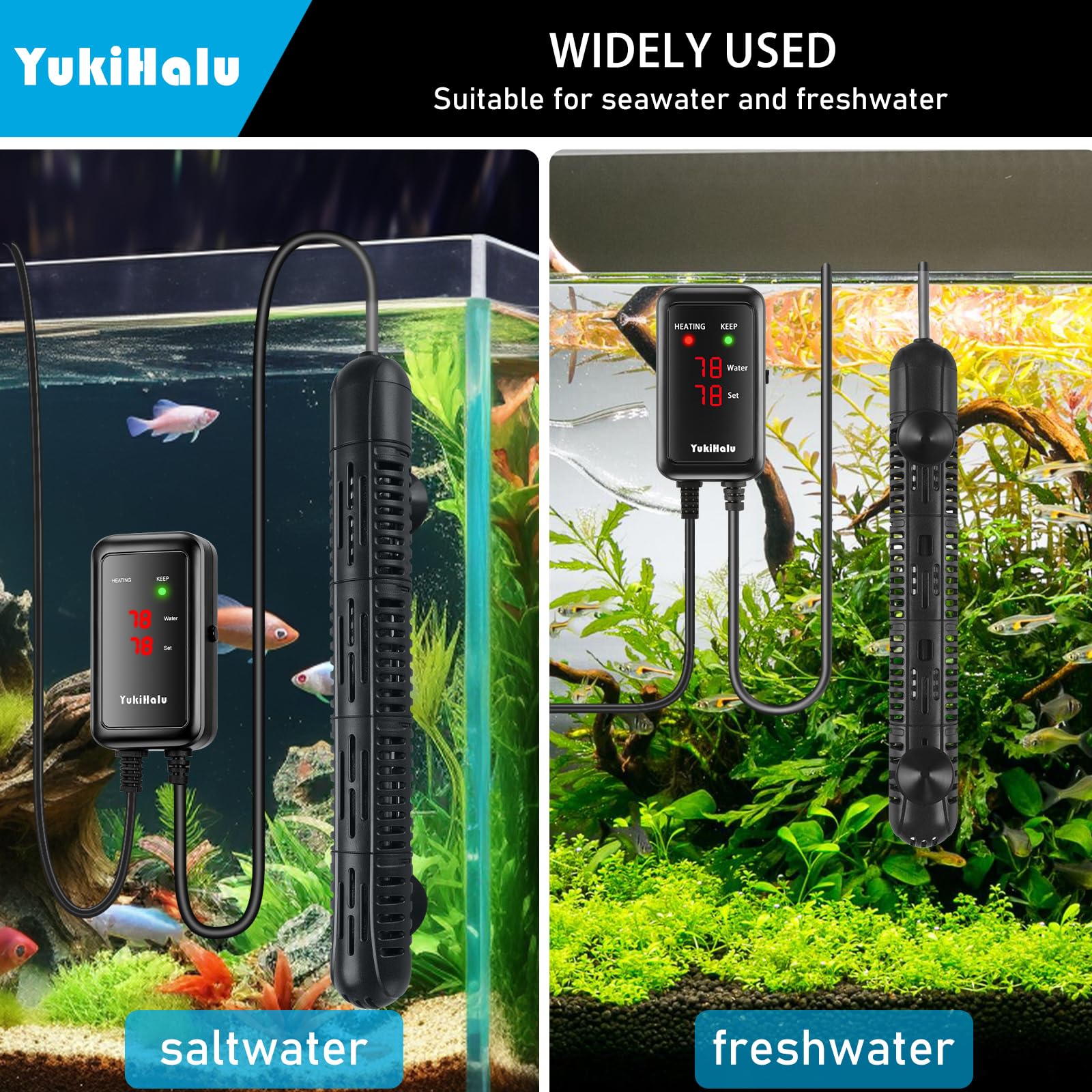 YukiHalu Aquarium Heater 50/100/200/300/500W with Protective Case, Fish Tank Heater, Temperature Adjustable, External Temperature Controller, LED Display, Used for 10/20/40/75/120 Gallons (200W)