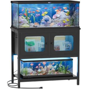 isunirm 40 gallon fish tank stand with led light and outlet, metal aquarium stand with cabinet and accessories storage, reptile tank turtle terrariums table stand hold 880lbs and 2 aquariums, black