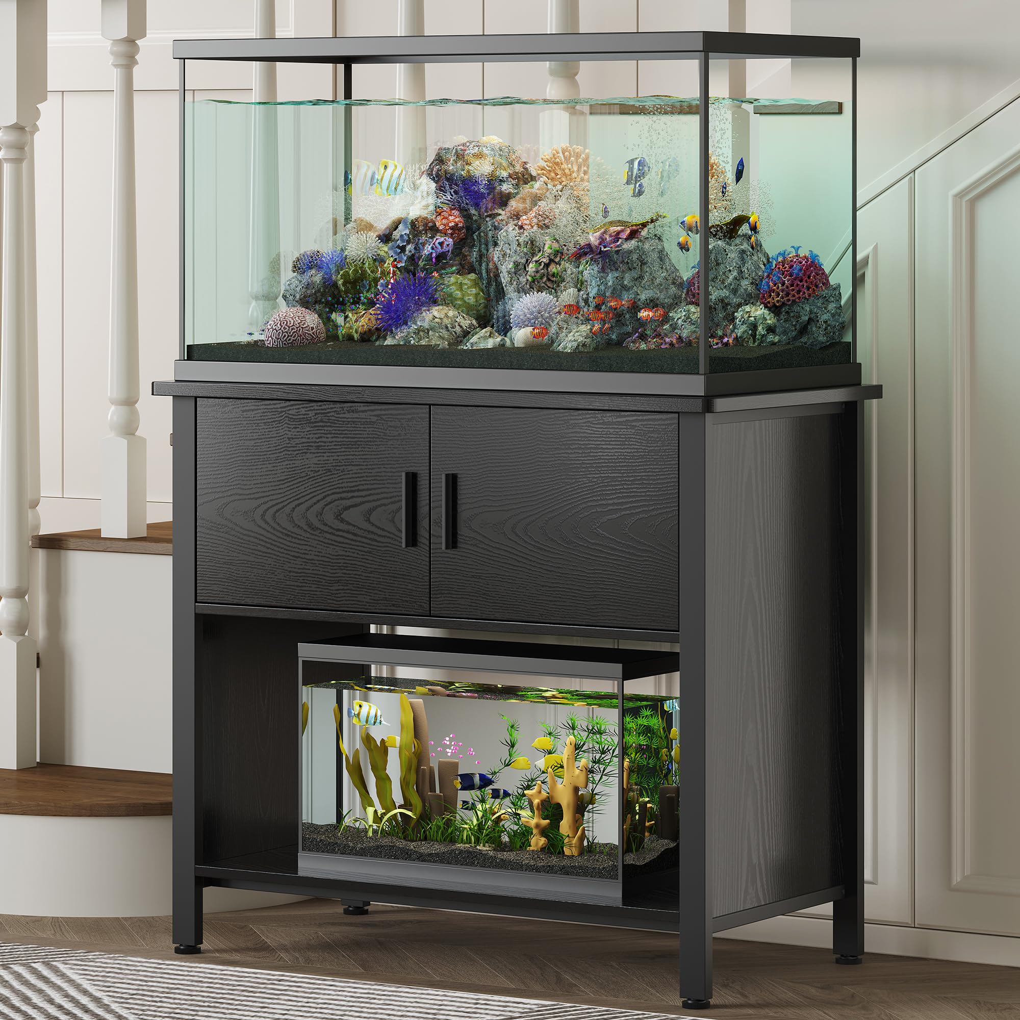 Xilingol 40-50 Gallon Aquarium Stand, Fish Tank Stand with Cabinet for Fish Accessories Storage, Heavy Duty Metal Frame, 990LBS Capacity, Turtle Tank, Reptile Terrariums and Breeder Tank Stand, Black